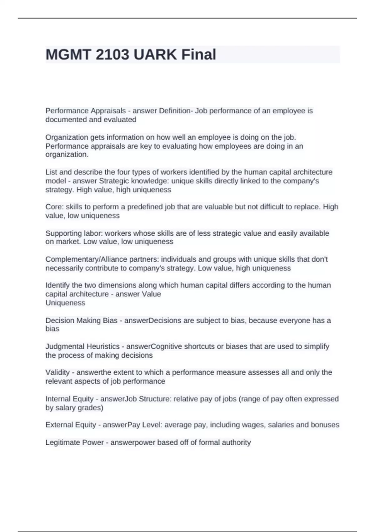 MGMT 2103 UARK Final Questions with correct Answers 2024 - UARK MGMT 2103 - Stuvia US