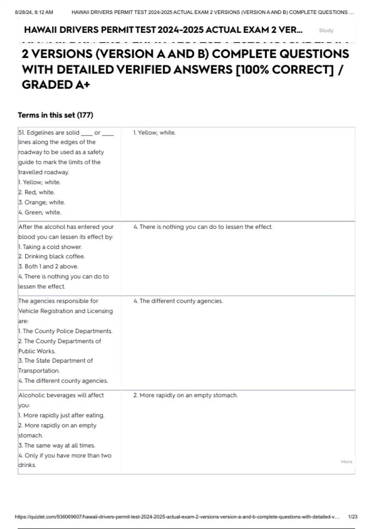 HAWAII DRIVERS PERMIT TEST ACTUAL EXAM 2 VERSIONS (VERSION A AND B ...