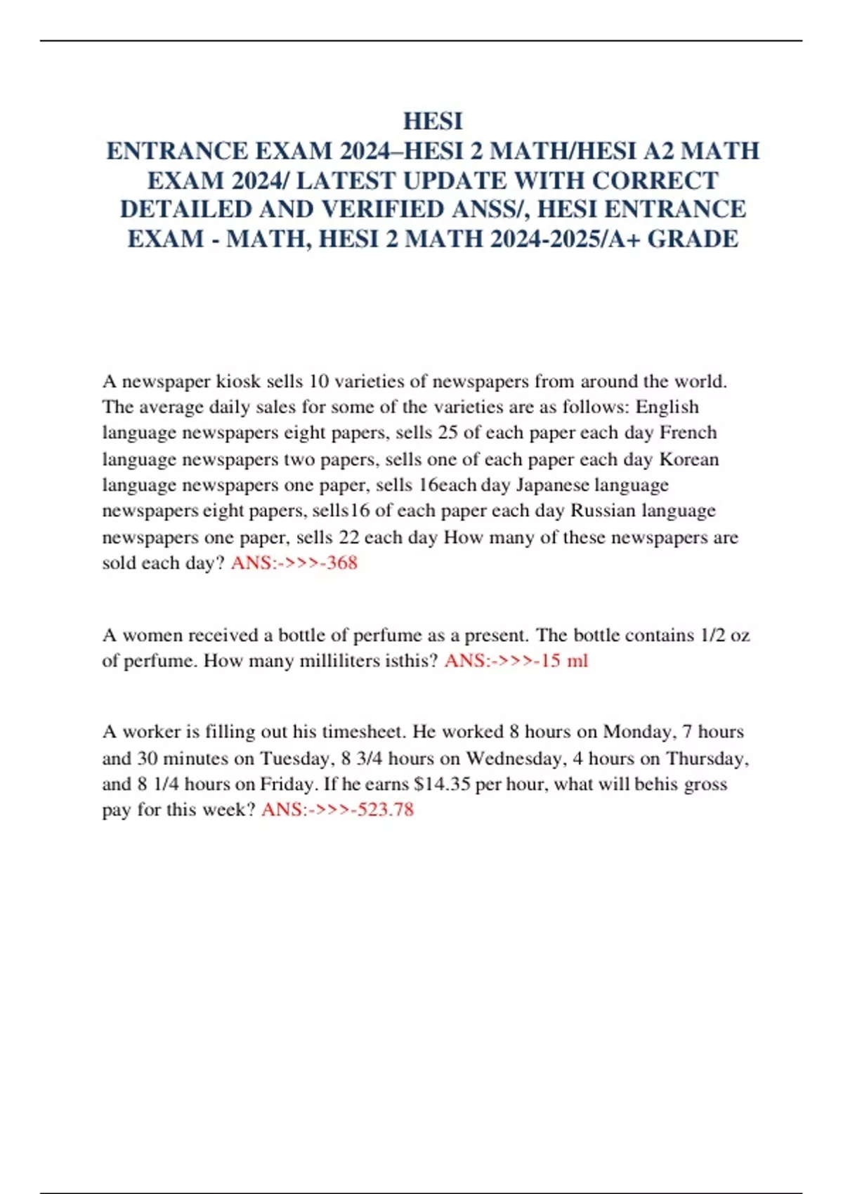 HESI ENTRANCE EXAM 2024–HESI 2 MATH/HESI A2 MATH EXAM 2024/ LATEST ...