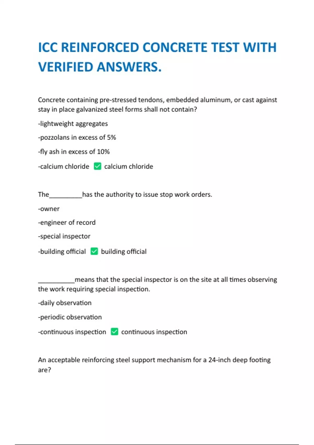 ICC REINFORCED CONCRETE TEST WITH VERIFIED ANSWERS |LATEST 2024/2025 ...