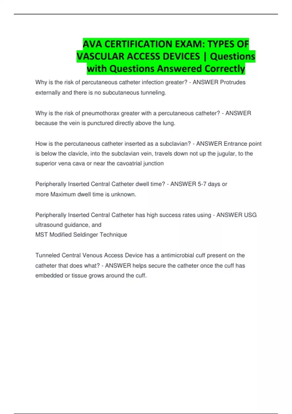 AVA CERTIFICATION EXAM: TYPES OF VASCULAR ACCESS DEVICES | Questions with Questions Answered ...