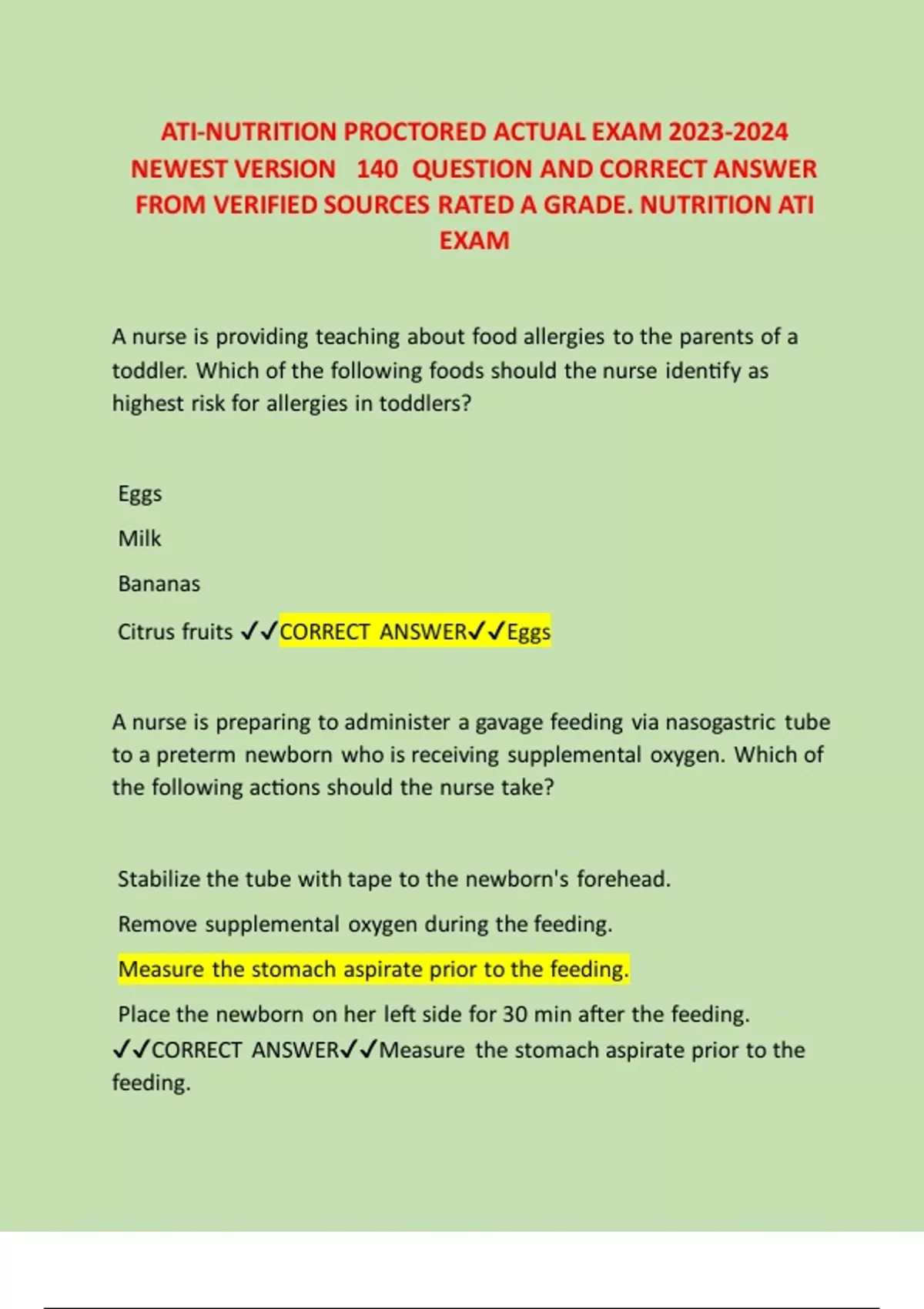 ATI-NUTRITION PROCTORED ACTUAL EXAM NEWEST VERSION 140 QUESTION AND ...