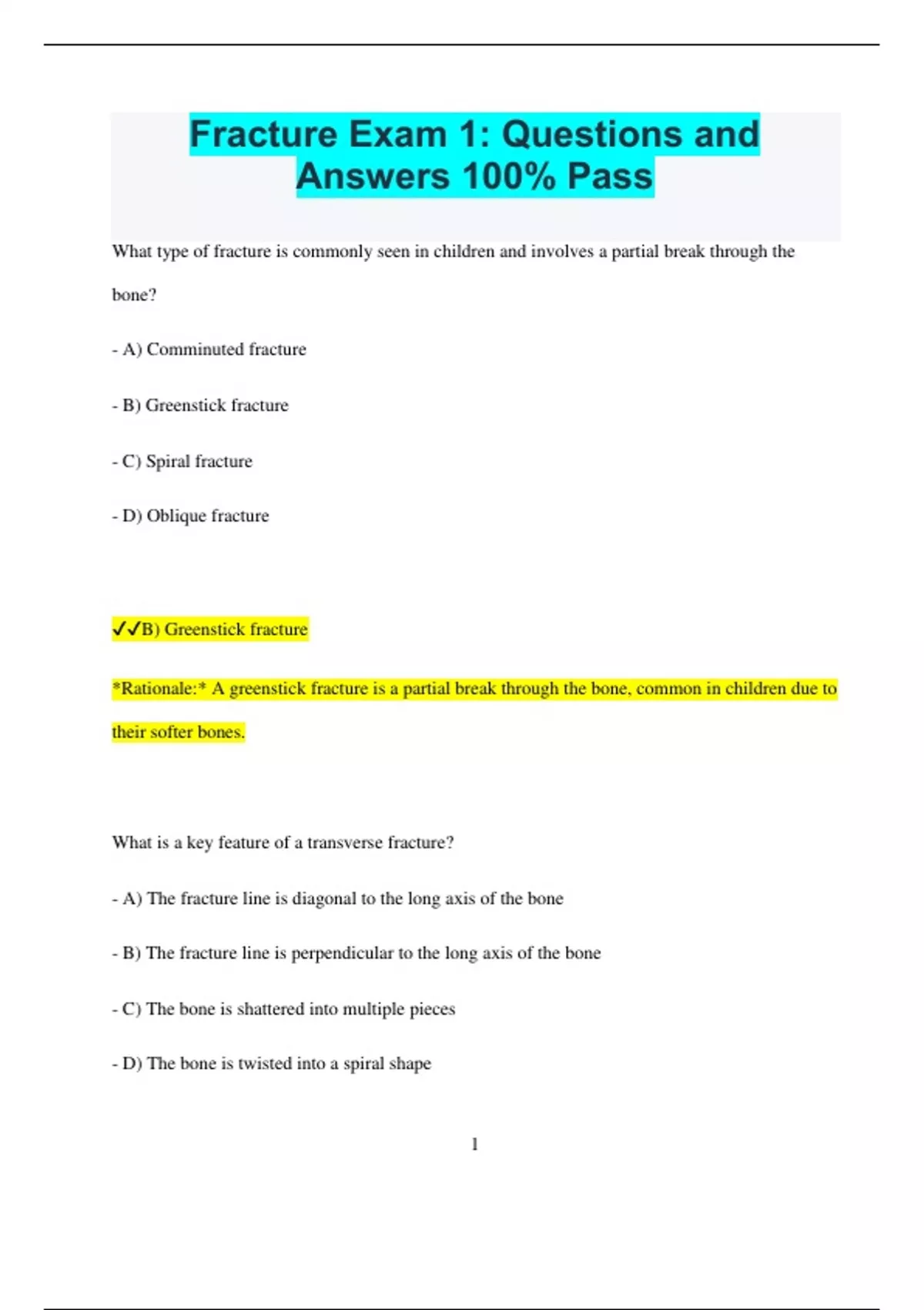 Fracture Exam 1: Questions and Answers 100% Pass - Fracture Exm 1 ...