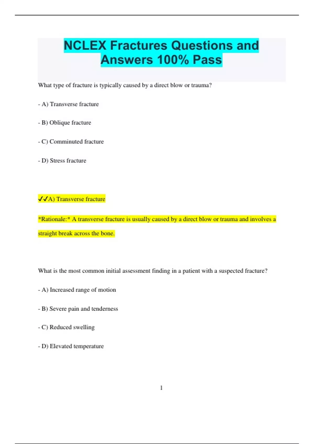 NCLEX Fractures Questions and Answers 100% Pass - NCLEX Fractures ...