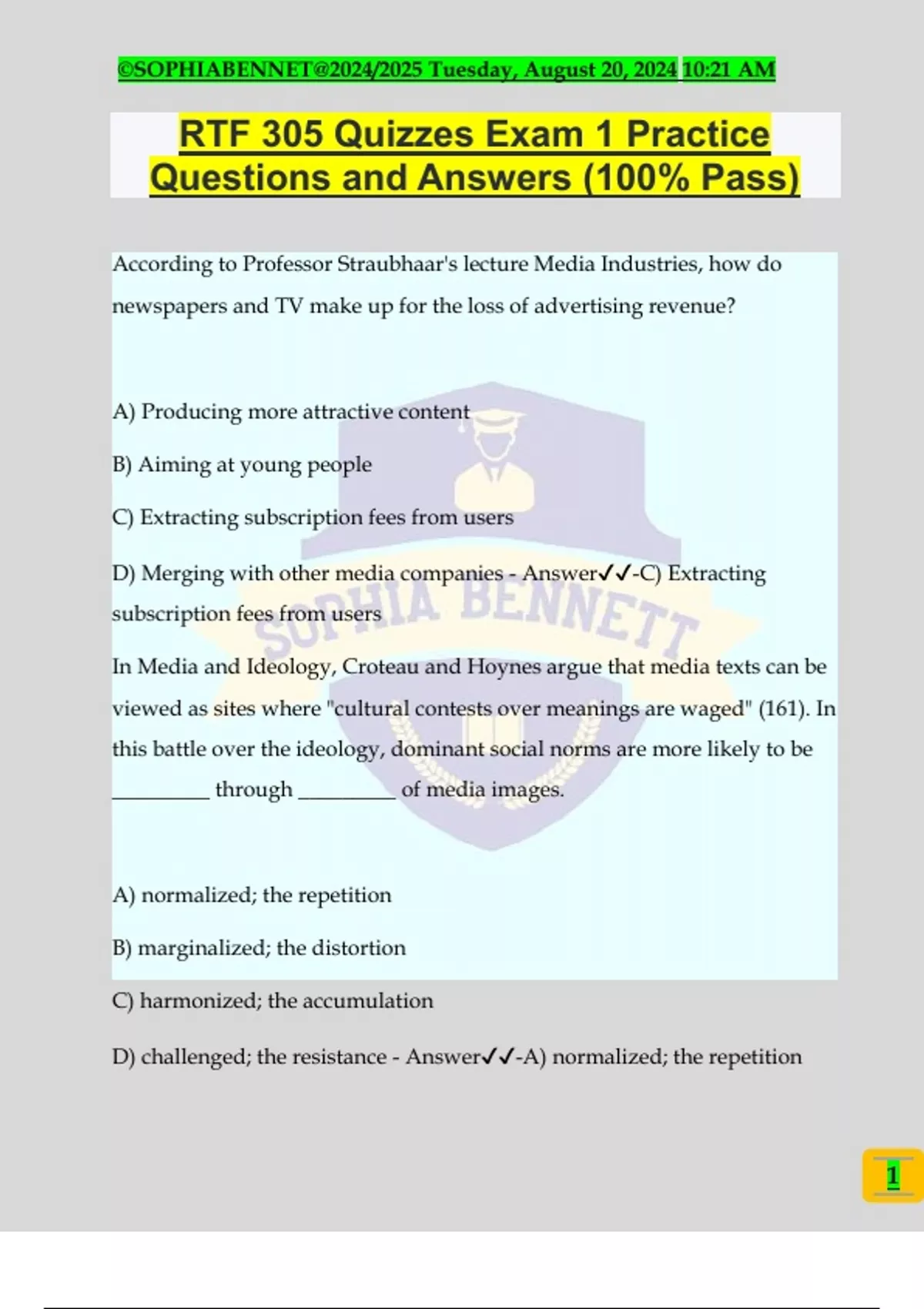 RTF 305 Quizzes Exam 1 Practice Questions and Answers (100% Pass) - RTF 305 - Stuvia US