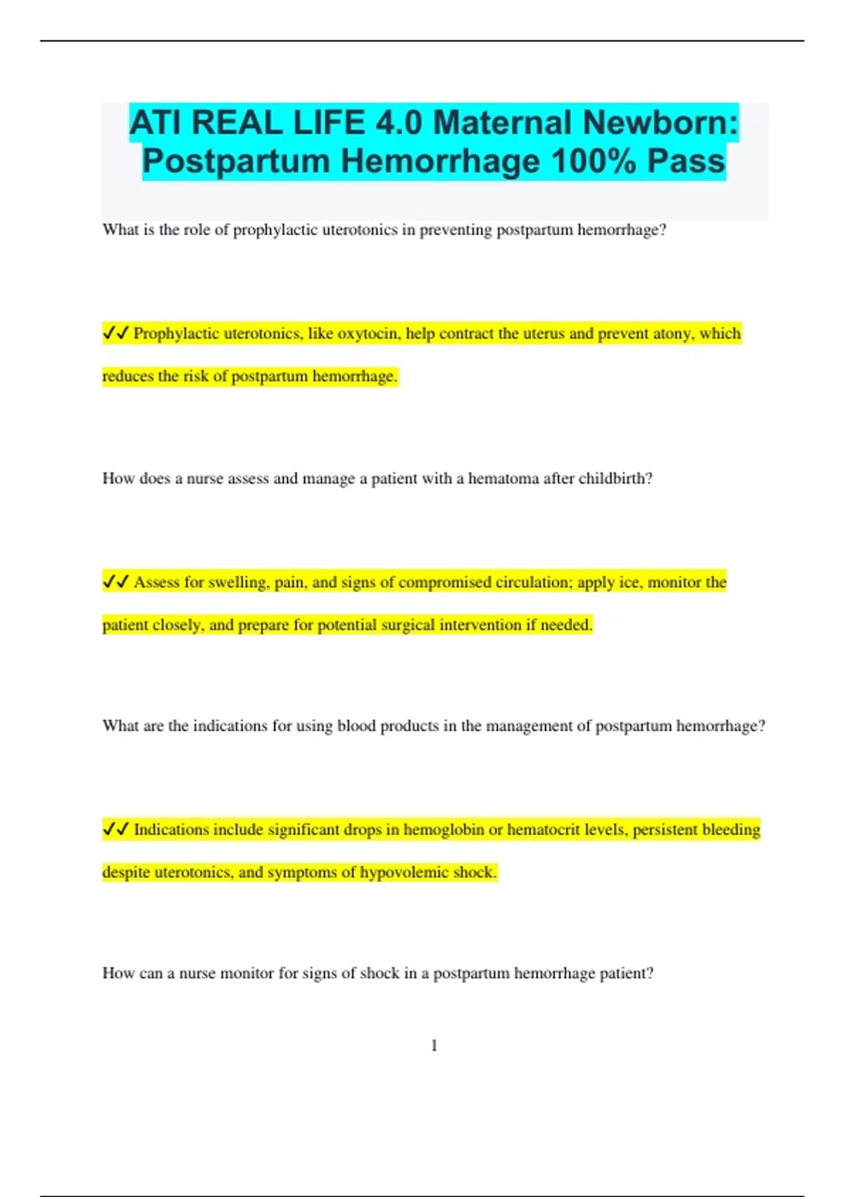 ATI REAL LIFE 4.0 Maternal Newborn: Postpartum Hemorrhage 100% Pass - ATI REAL LIFE 4.0 Maternal ...