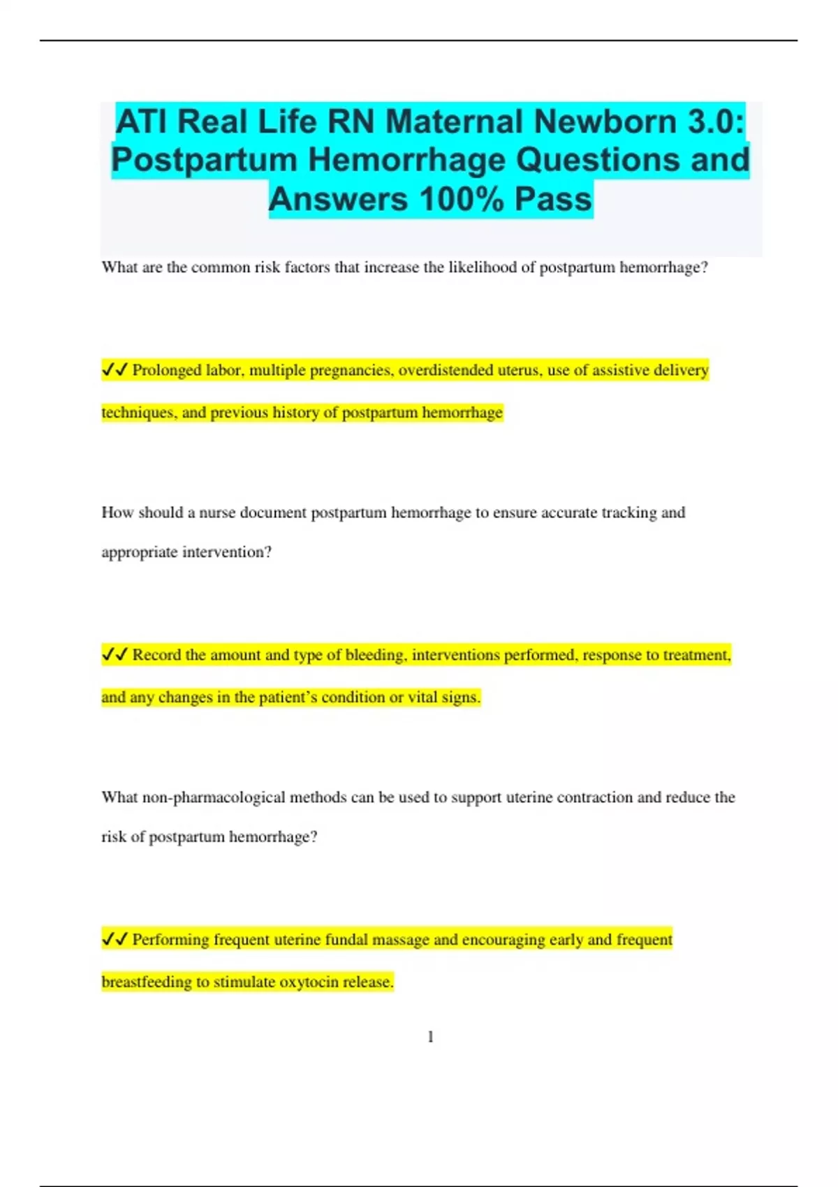 ATI Real Life RN Maternal Newborn 3.0: Postpartum Hemorrhage Questions ...