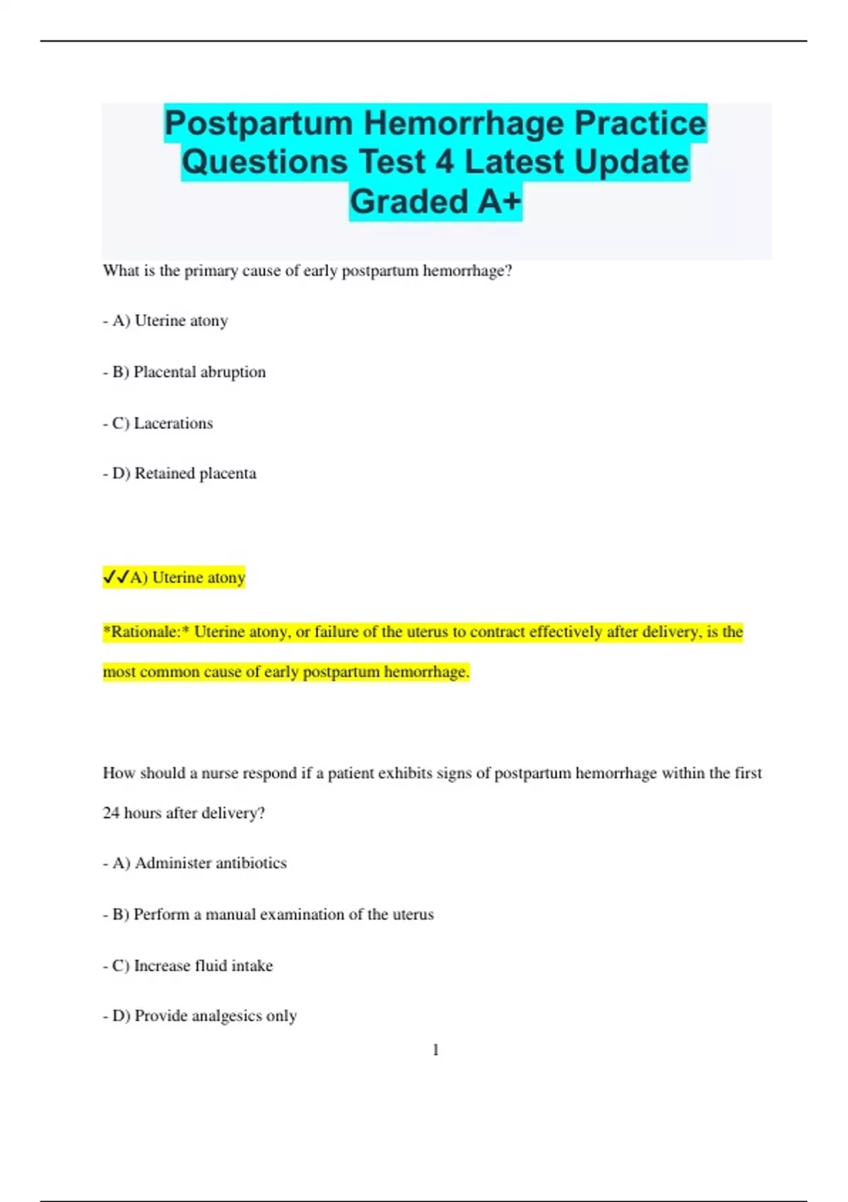 Postpartum Hemorrhage Practice Questions Test 4 Latest Update Graded A+ ...