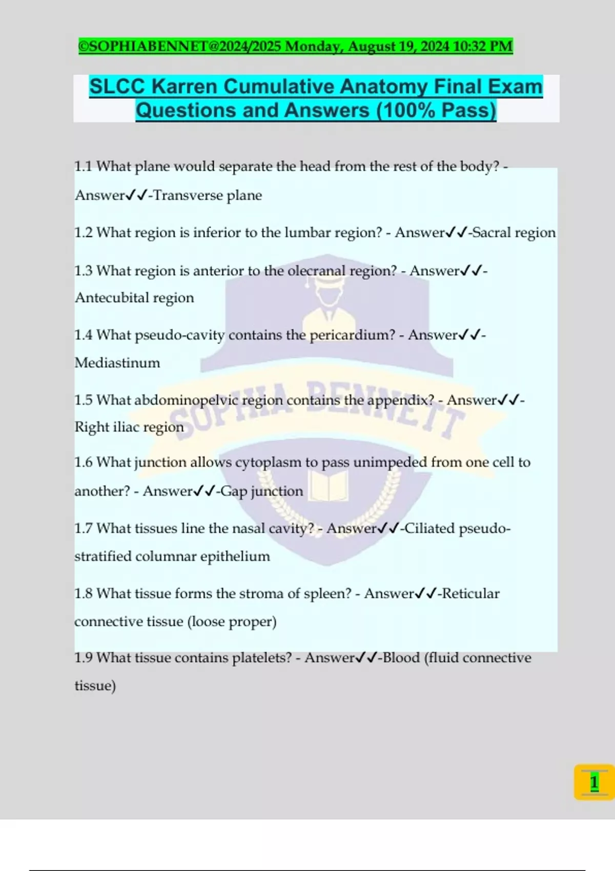SLCC Karren Cumulative Anatomy Final Exam Questions and Answers (100% Pass) - SLCC - Stuvia US