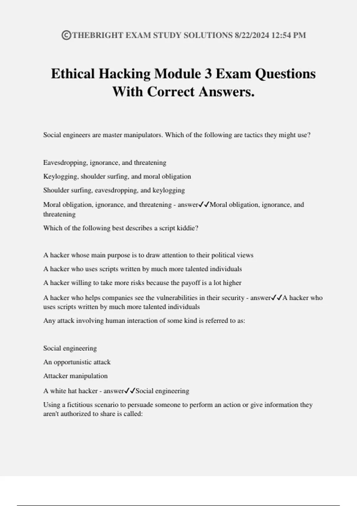 Ethical Hacking Module 3 Exam Questions With Correct Answers. - Ethical ...