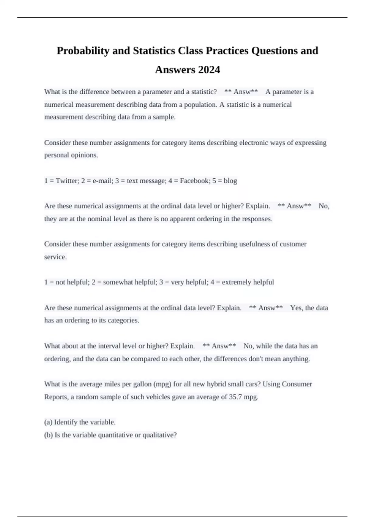 Probability and Statistics Class Practices Questions and Answers 2024 ...