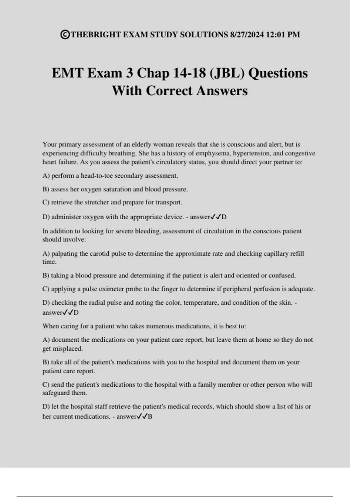 EMT Exam 3 Chap 14-18 (JBL) Questions With Correct Answers - JBL - Stuvia US