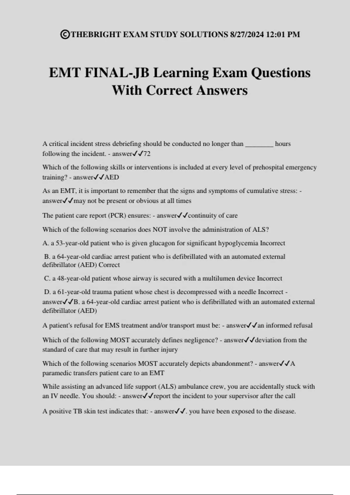 EMT FINAL-JB Learning Exam Questions With Correct Answers - JBL - Stuvia US