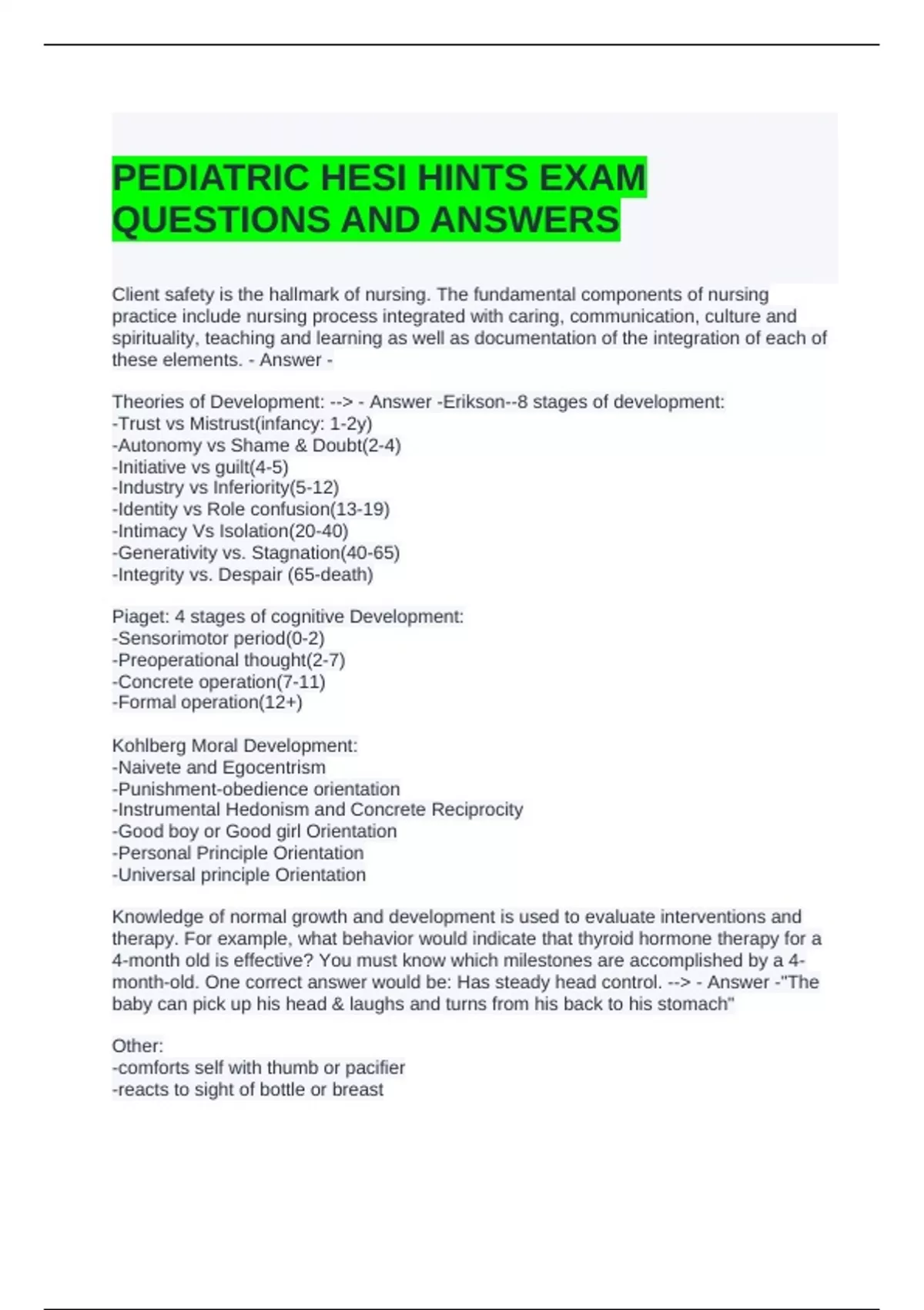 PEDIATRIC HESI HINTS EXAM QUESTIONS AND ANSWERS - Hesi Pediatrics ...