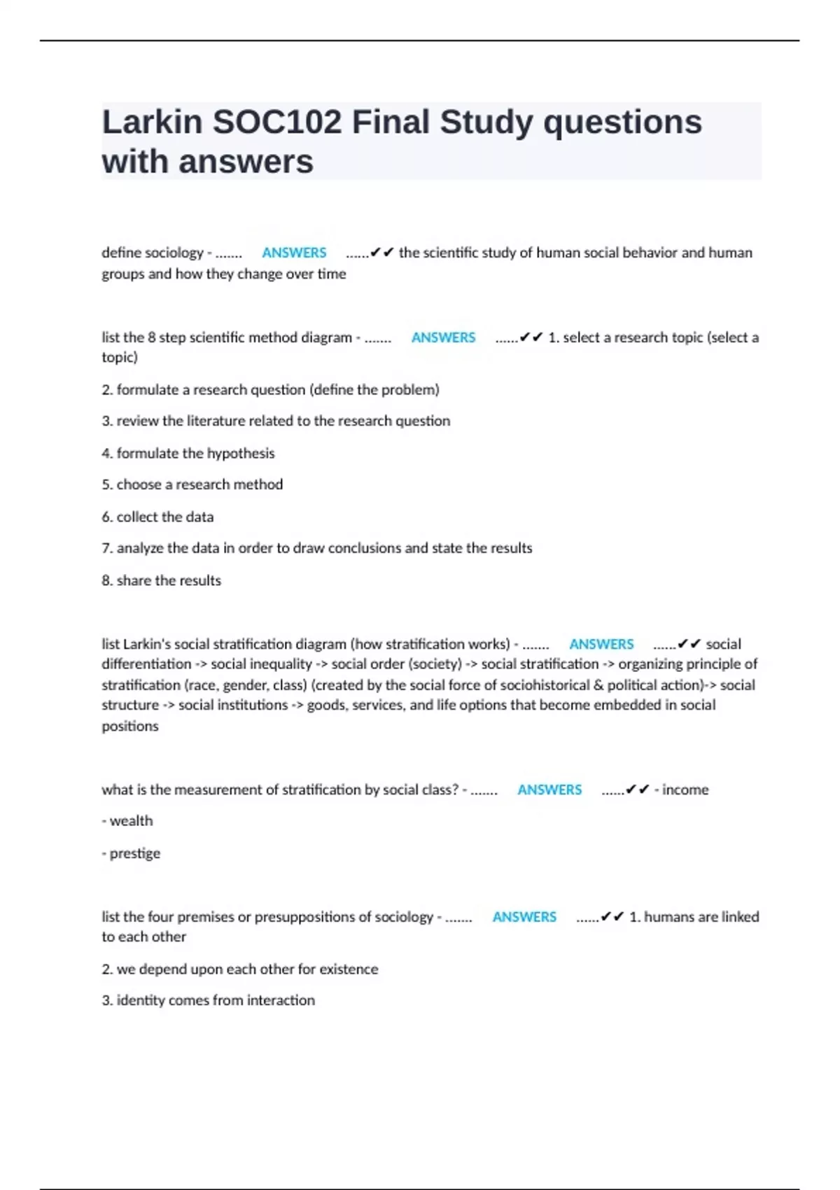 Larkin SOC102 Final Study questions with answers - Soc 102 - Stuvia US
