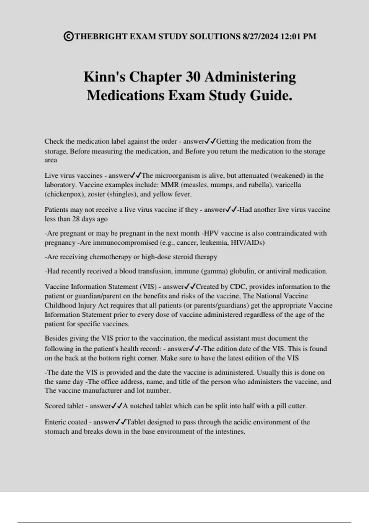 Kinn's Chapter 30 Administering Medications Exam Study Guide - Kinn\'s ...