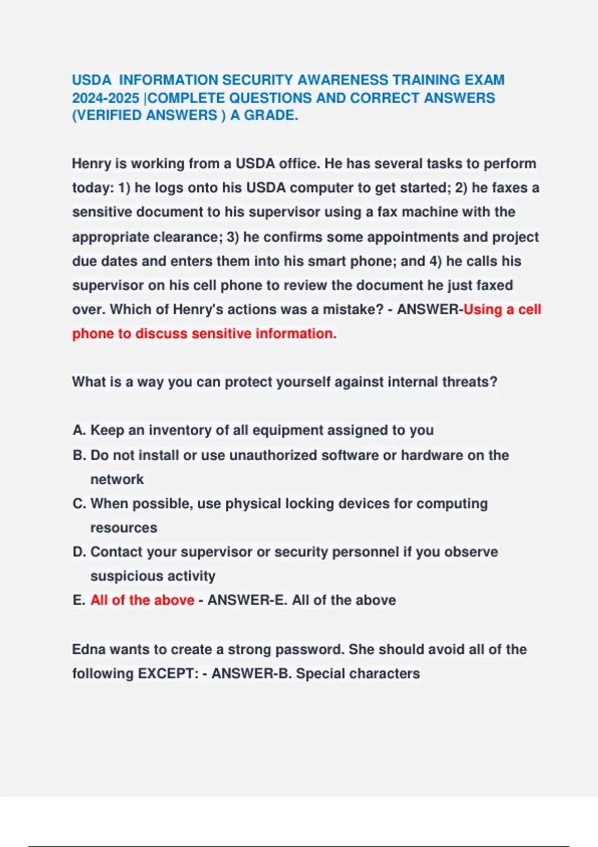 Usda Information Security Awareness Training Exam Complete Questions And Correct Answers