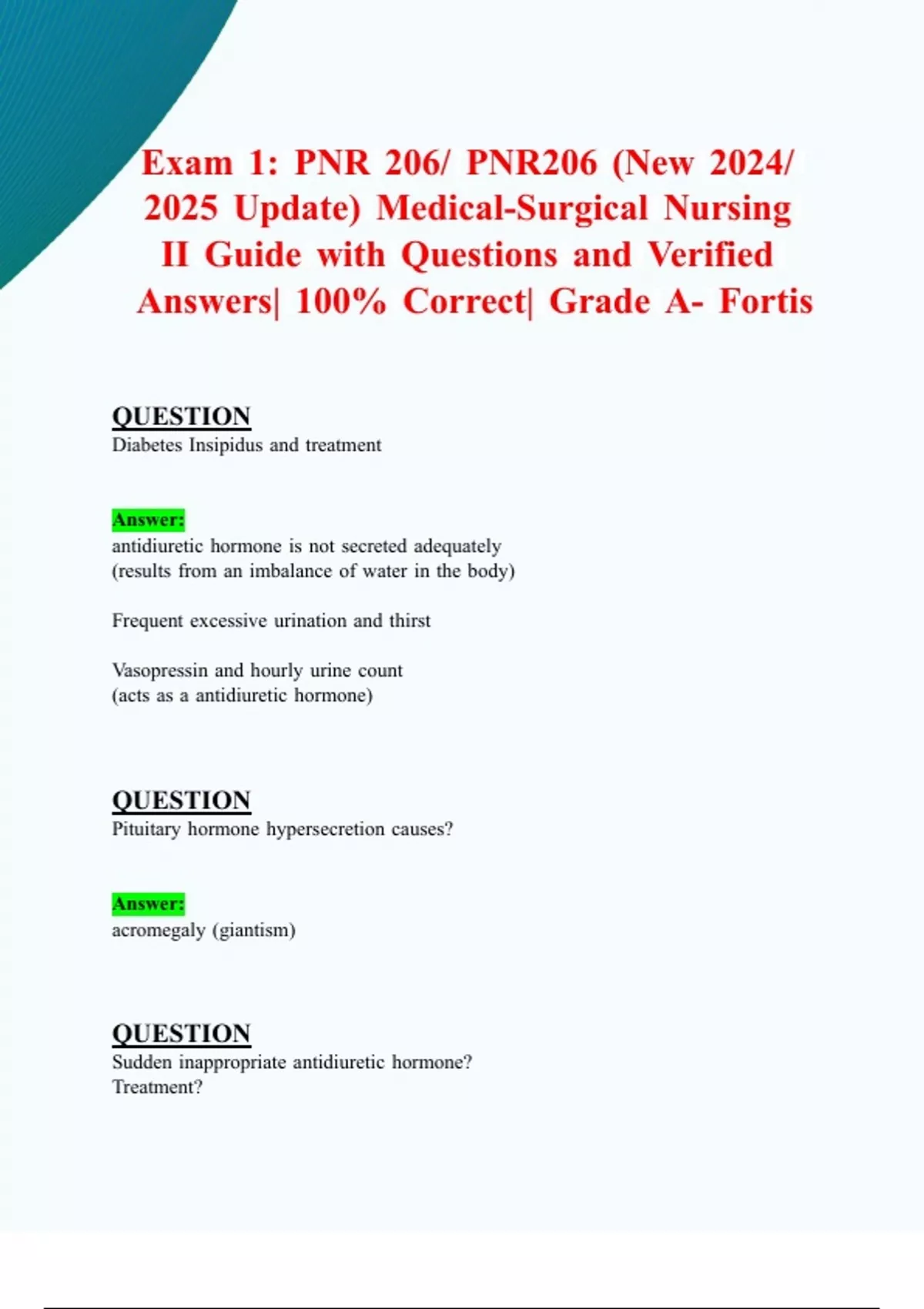 Exam 1: PNR 206/ PNR206 (New 2024/ 2025 Update) Medical-Surgical ...