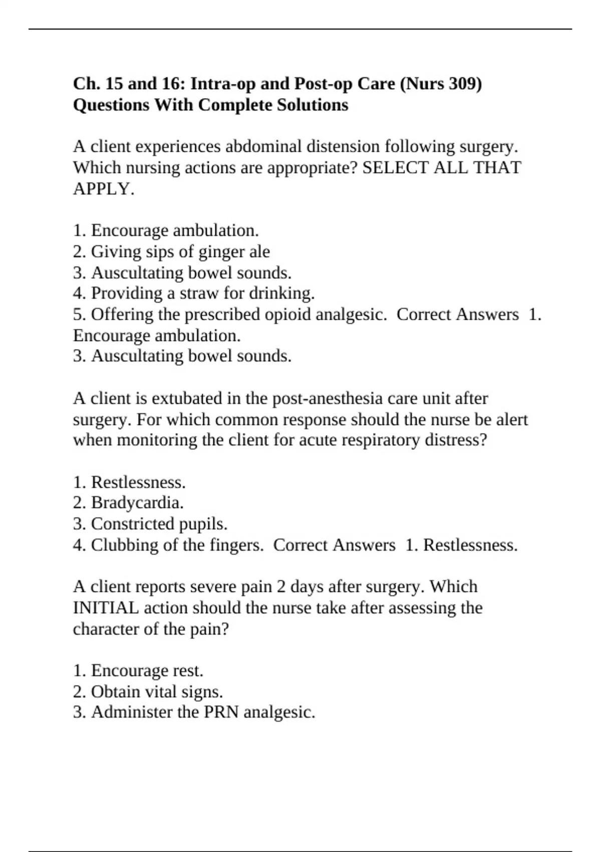 Ch. 15 and 16: Intra-op and Post-op Care (Nurs 309) Questions With ...