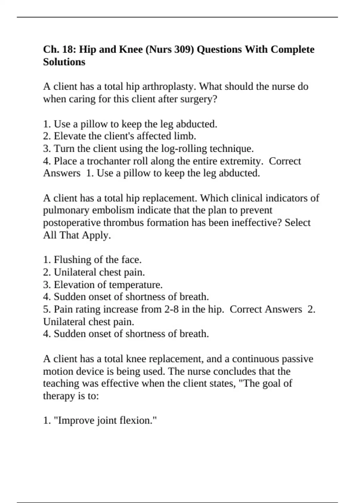 Ch. 18: Hip and Knee (Nurs 309) Questions With Complete Solutions ...