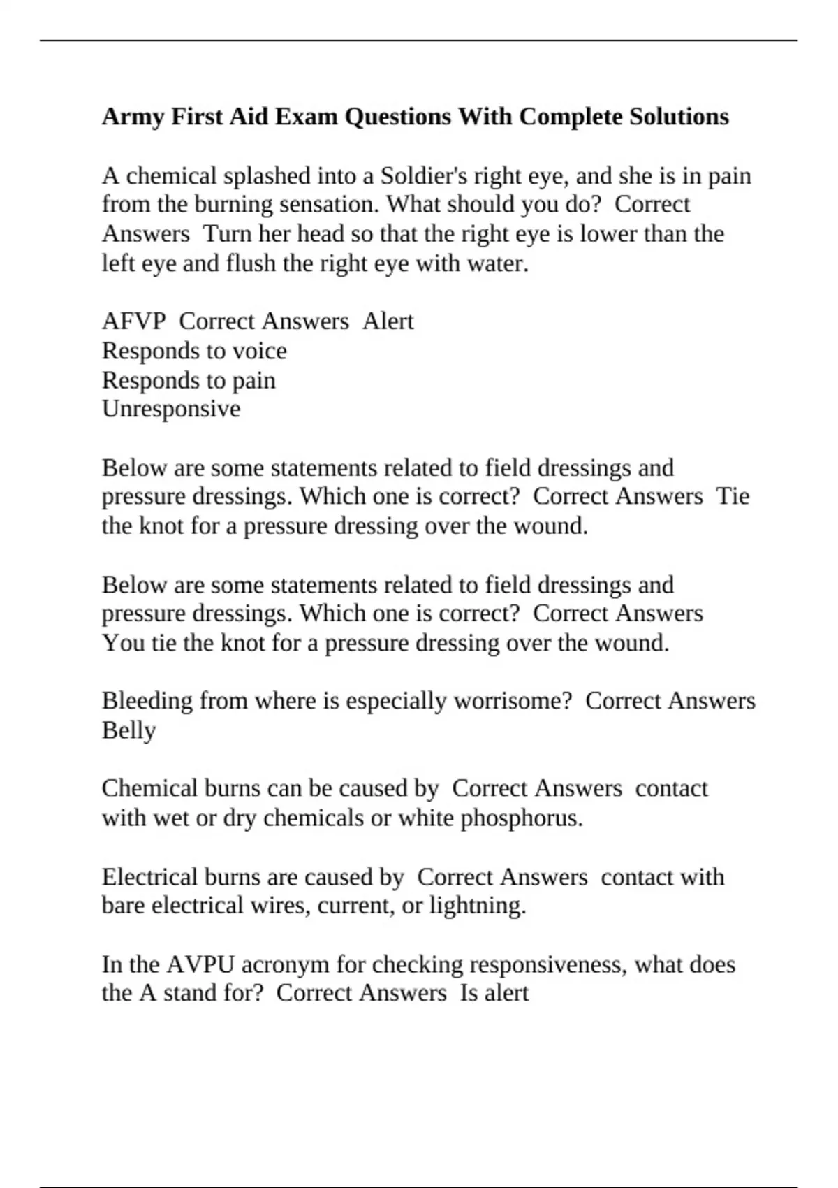 Army First Aid Exam Questions With Complete Solutions - Army First Aid ...