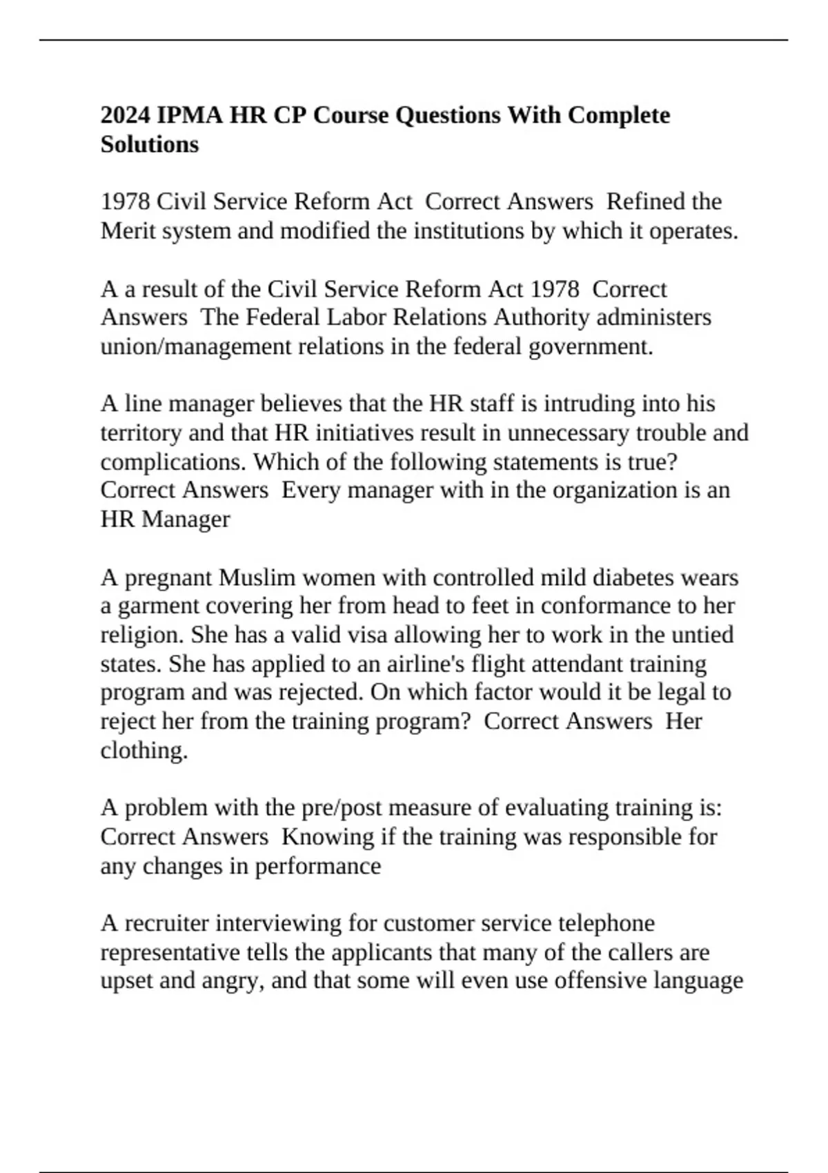 2024 IPMA HR CP Course Questions With Complete Solutions - IPMA HR CP ...