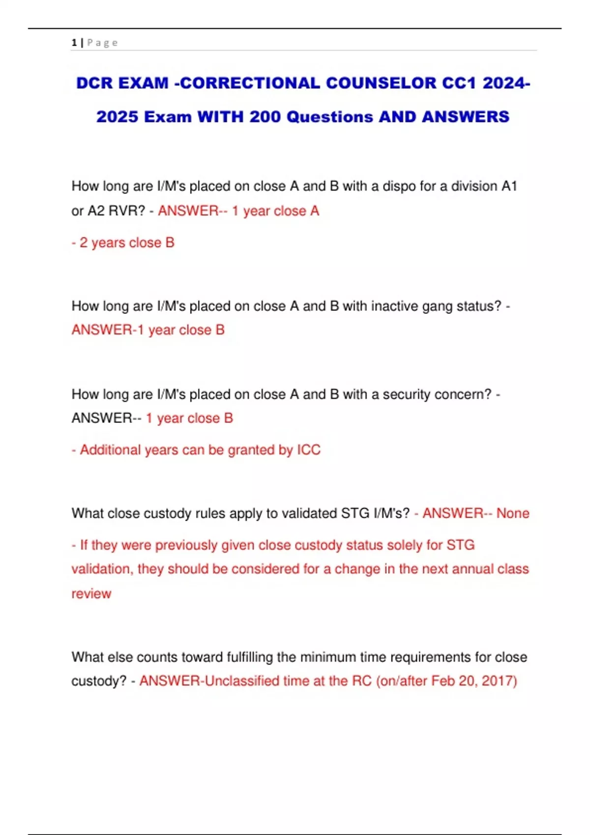 DCR EXAM -CORRECTIONAL COUNSELOR CC Exam WITH 200 Questions AND ANSWERS - DCR - Stuvia US