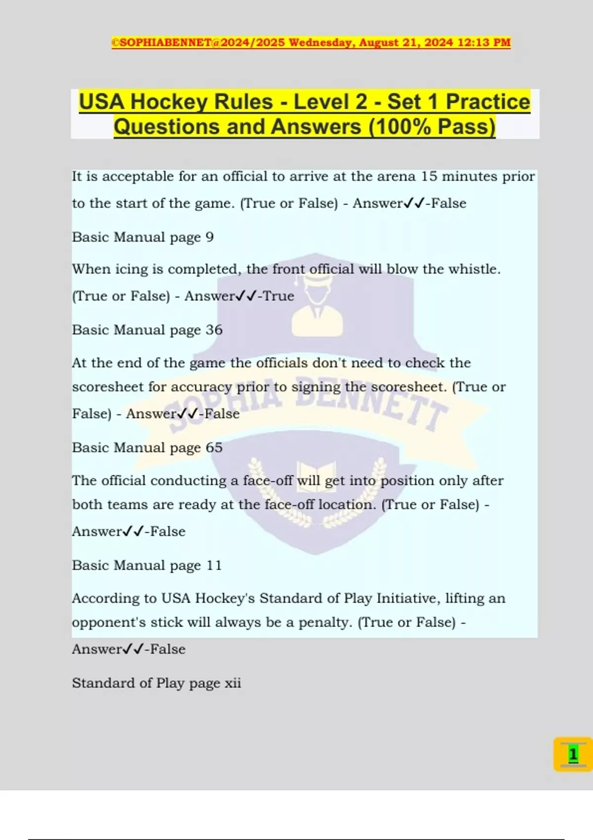 USA Hockey Rules - Level 2 - Set 1 Practice Questions and Answers (100% ...