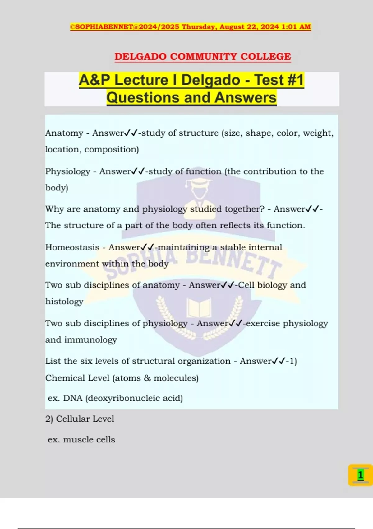 A&P Lecture I Delgado - Test #1 Questions and Answers Anatomy ...