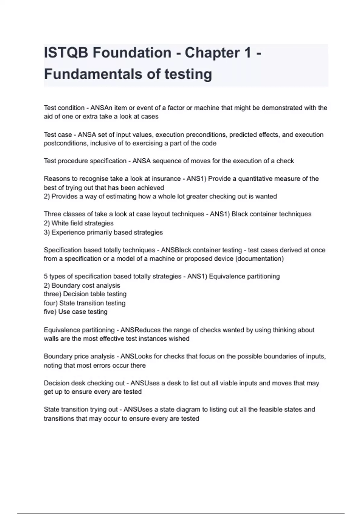 Istqb Foundation Chapter 1 Fundamentals Of Testing Questions And Answers Graded A 2024 2025