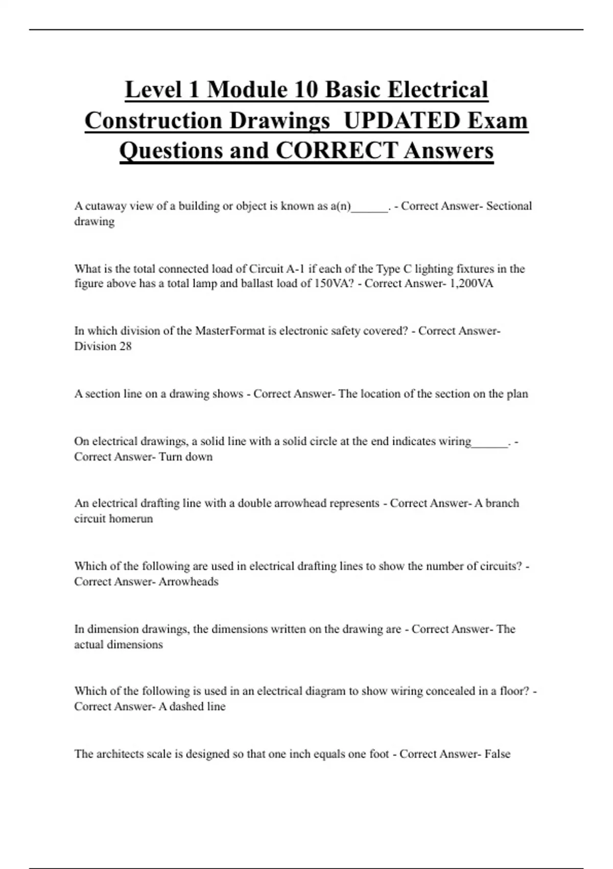Level 1 Module 10 Basic Electrical Construction Drawings UPDATED Exam Questions and CORRECT ...