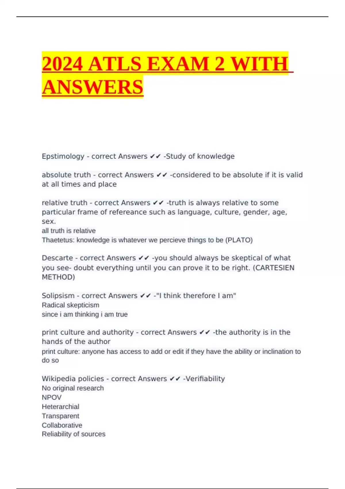 2024 ATLS EXAM 2 WITH QUESTIONS AND ANSWERS. - ATLS - Stuvia US