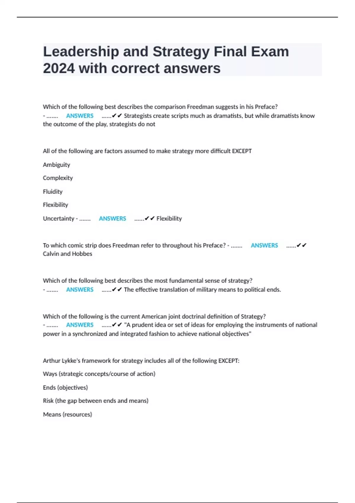 Leadership and Strategy Final Exam 2024 with correct answers - IFMA ...