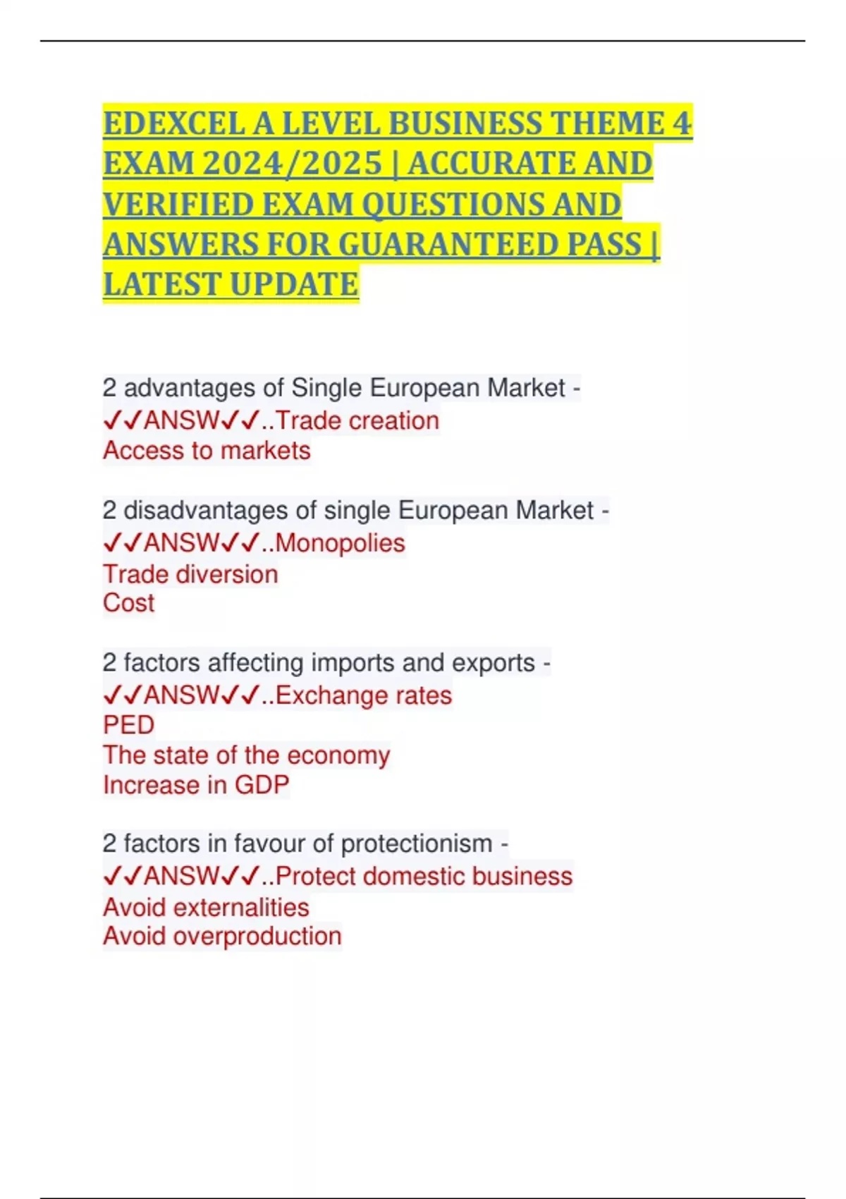 EDEXCEL A LEVEL BUSINESS THEME 4 EXAM 2024/2025 | ACCURATE AND VERIFIED EXAM QUESTIONS AND ...