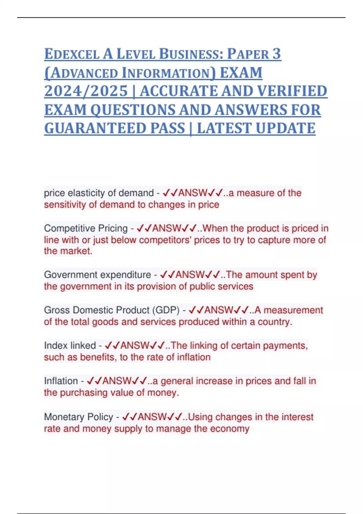 EDEXCEL A LEVEL BUSINESS: PAPER 3 (ADVANCED INFORMATION) EXAM 2024/2025 ...