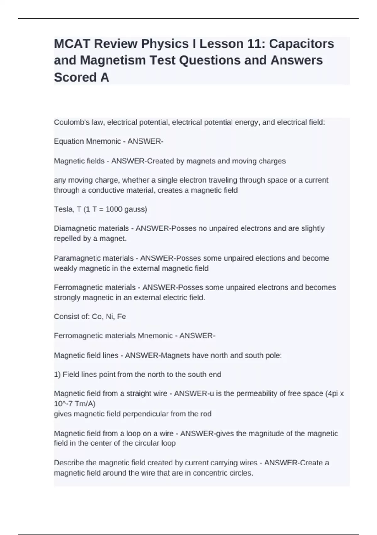 MCAT Review Physics I Lesson 11: Capacitors and Magnetism Test ...