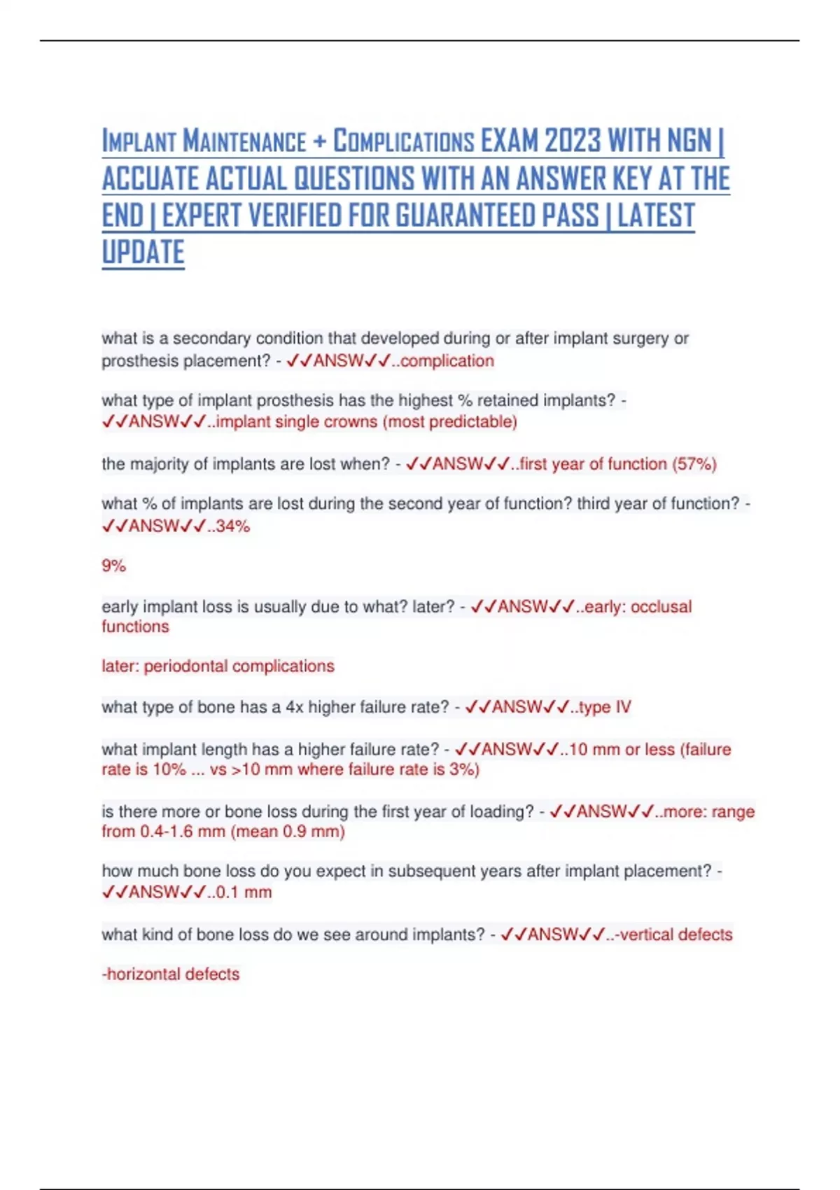 IMPLANT MAINTENANCE + COMPLICATIONS EXAM 2023 WITH NGN | ACCUATE ACTUAL QUESTIONS WITH AN ANSWER ...