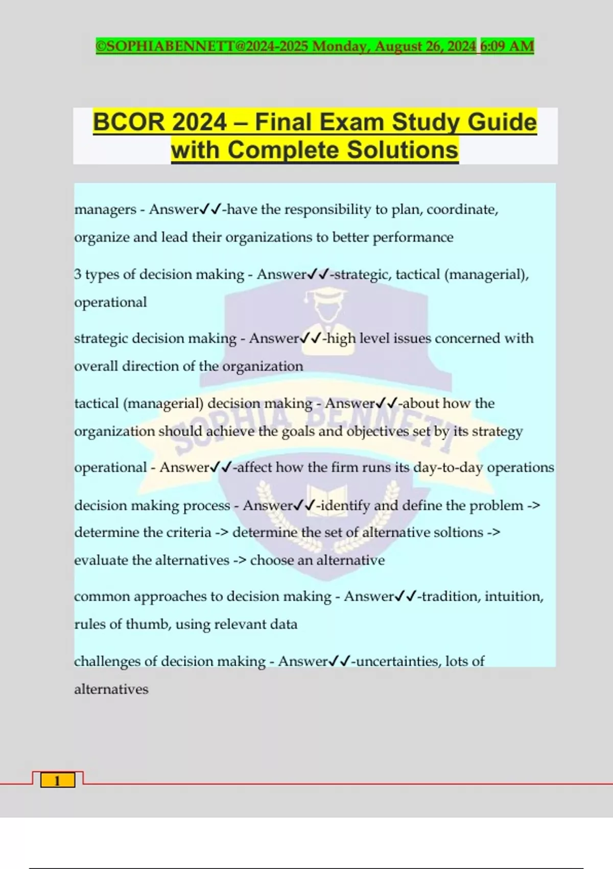 BCOR 2024 – Final Exam Study Guide with Complete Solutions - BCOR ...