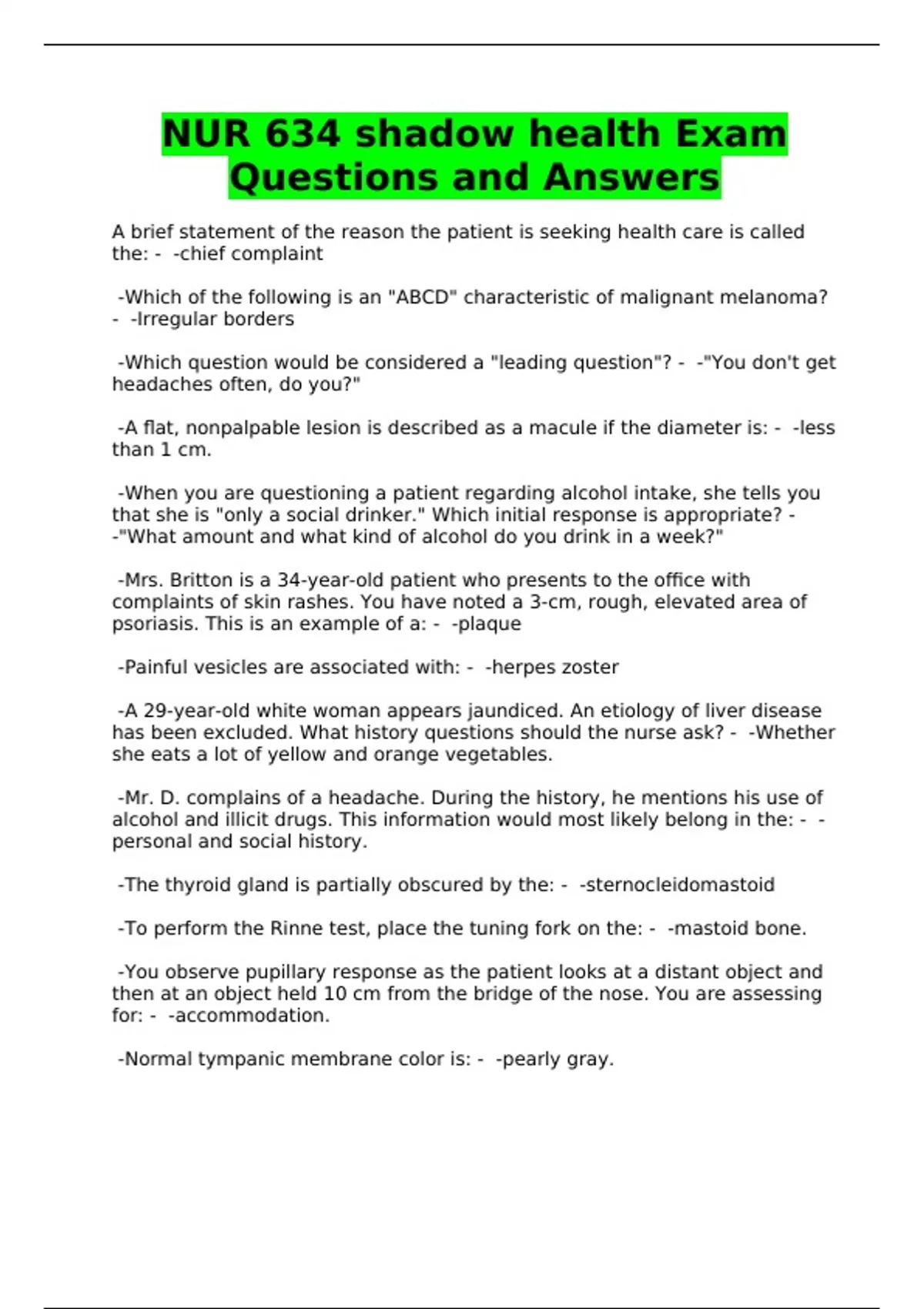 NUR 634 shadow health Exam Questions and Answers - NUR 634 shadow ...