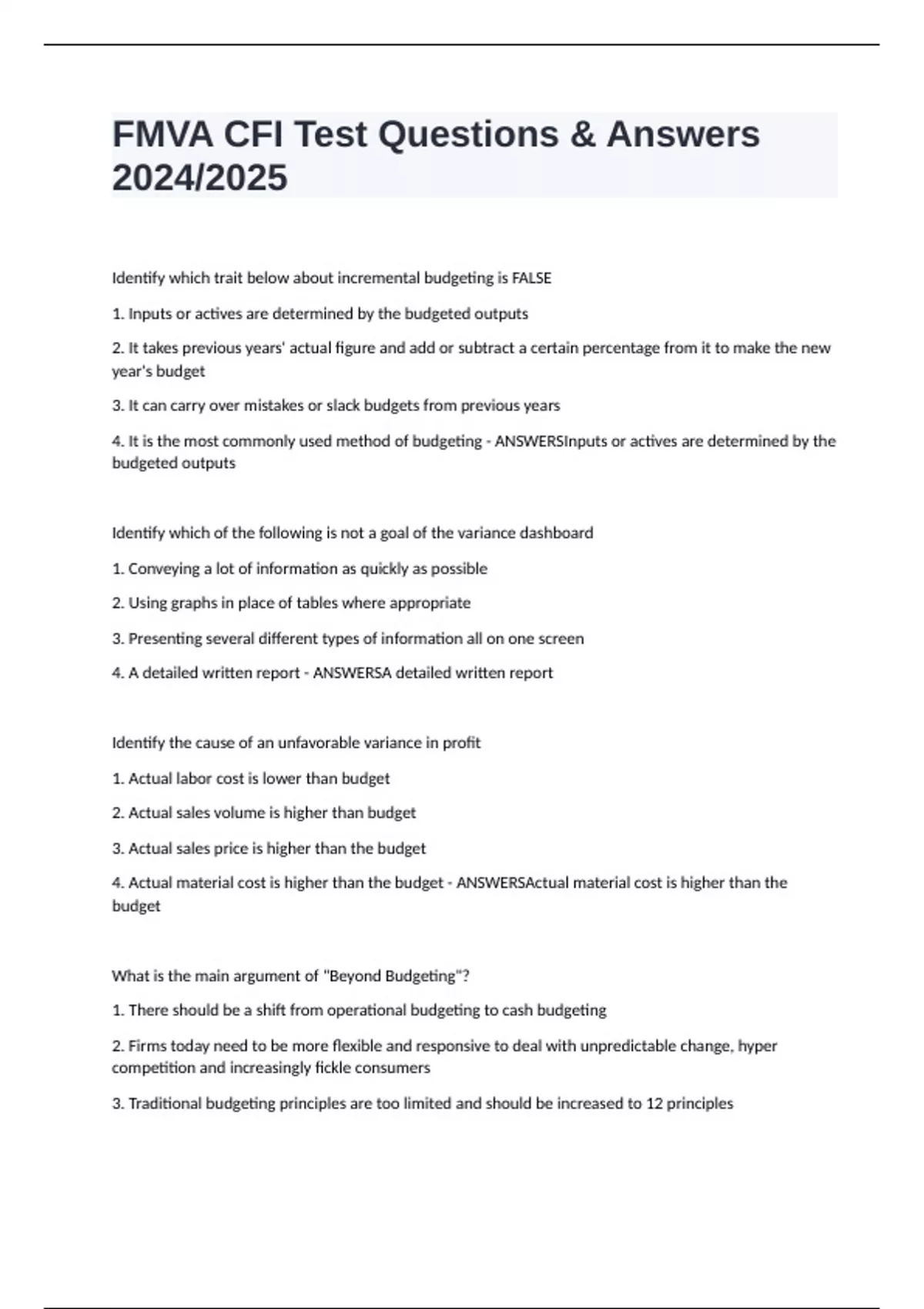 FMVA CFI Test Questions & Answers 2024/2025 - FMVA CFI - Stuvia US