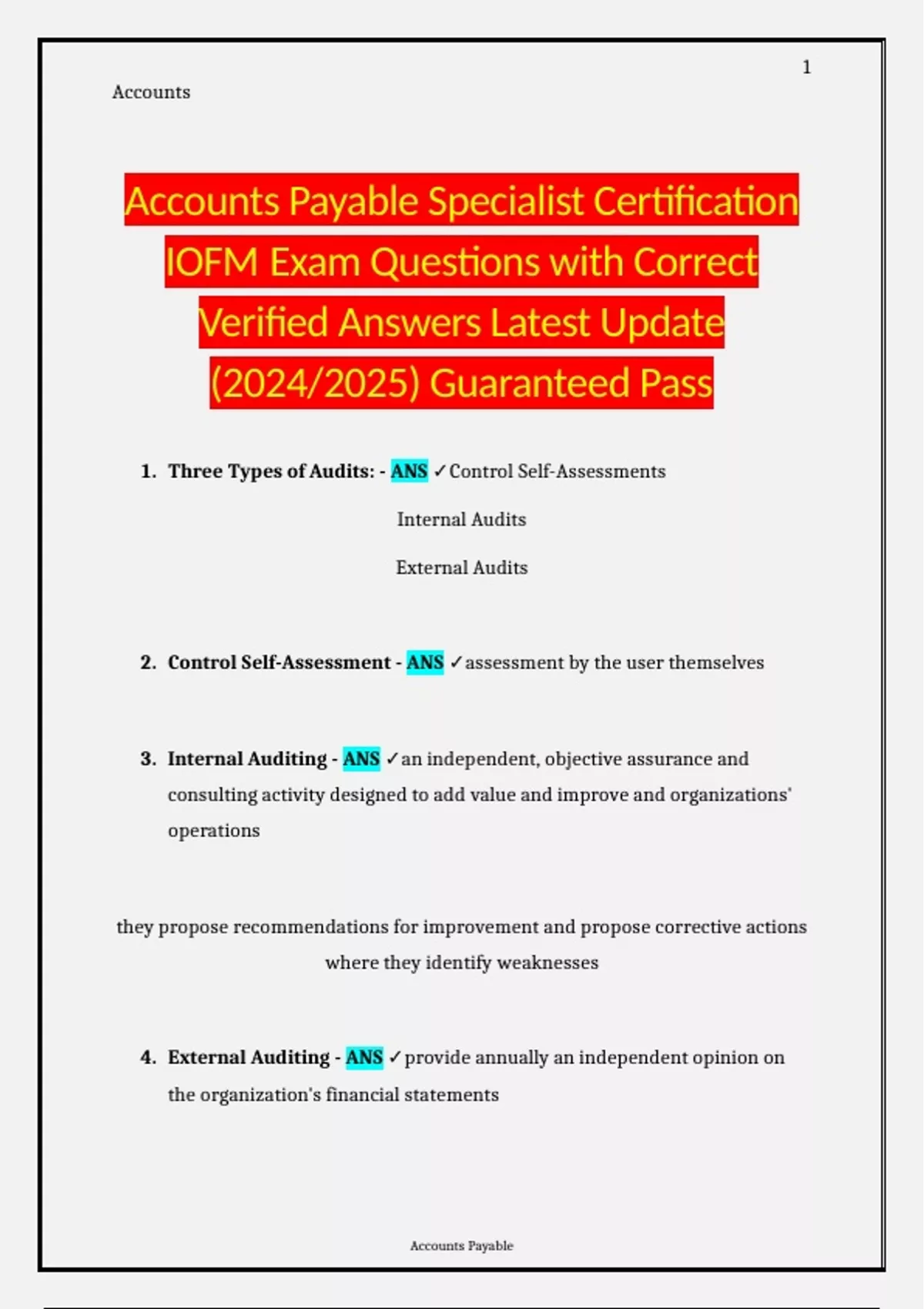Accounts Payable Specialist Certification Iofm Exam Questions With Correct Verified Answers