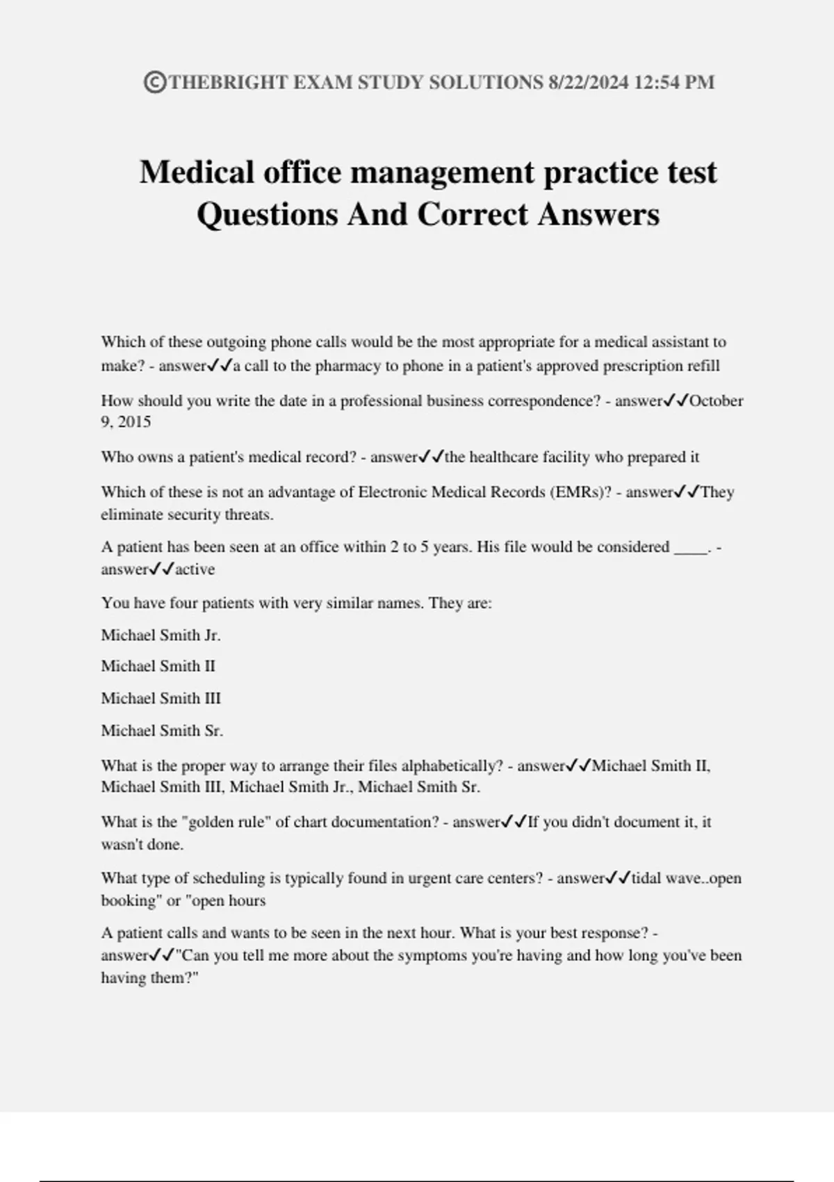 Medical office management practice test Questions And Correct Answers ...