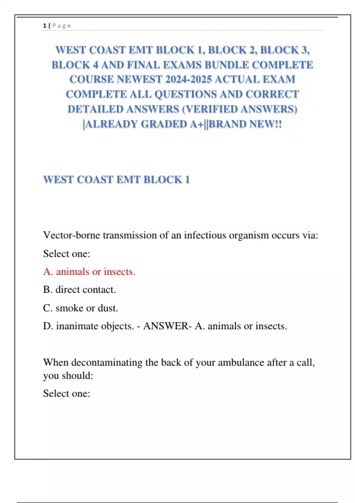 WEST COAST EMT BLOCK 1, BLOCK 2, BLOCK 3, BLOCK 4 AND FINAL EXAMS ...