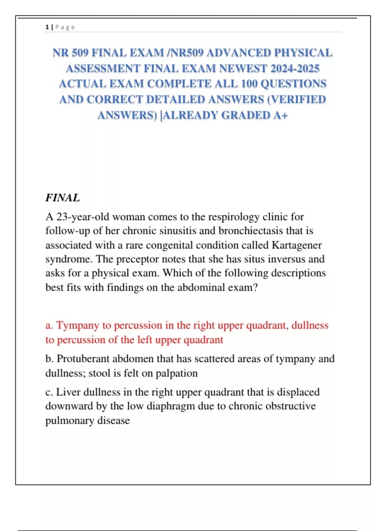 NR 509 FINAL EXAM /NR509 ADVANCED PHYSICAL ASSESSMENT FINAL EXAM NEWEST ACTUAL EXAM COMPLETE ALL ...