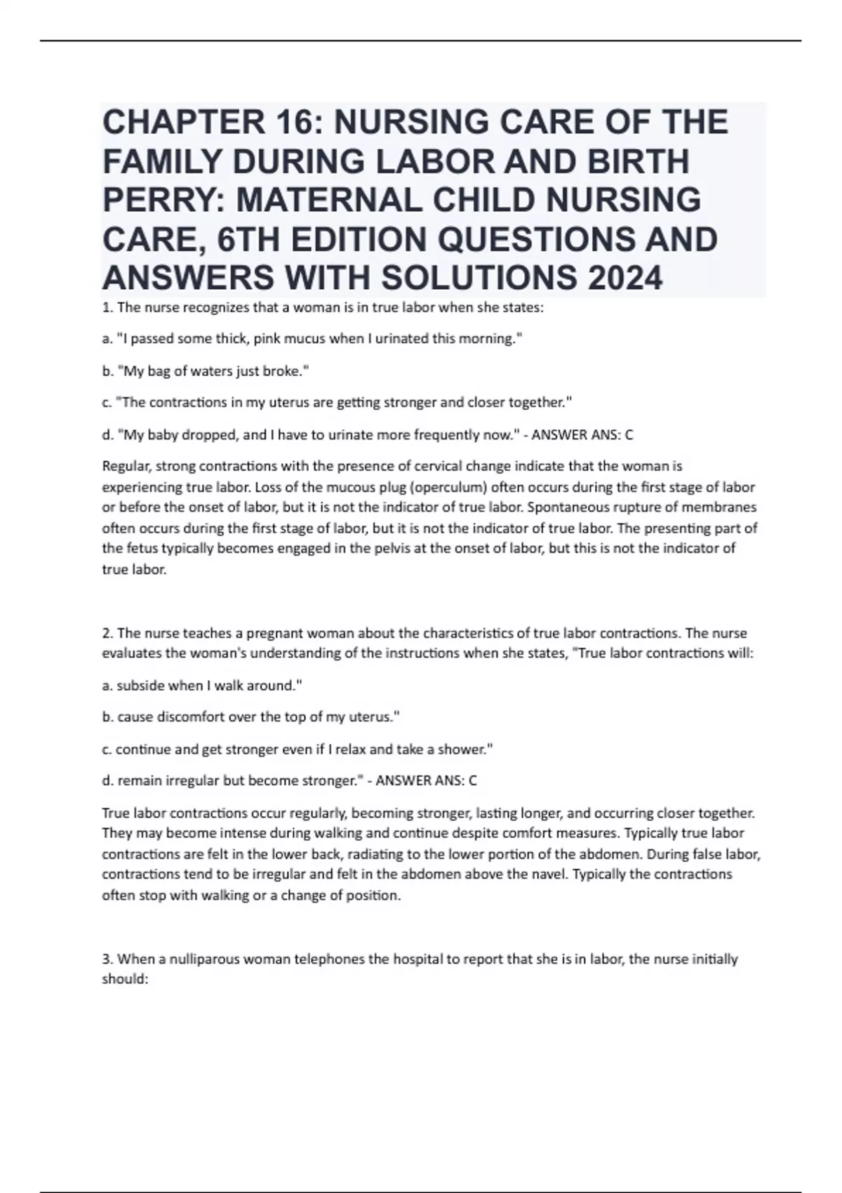 CHAPTER 16: NURSING CARE OF THE FAMILY DURING LABOR AND BIRTH PERRY ...