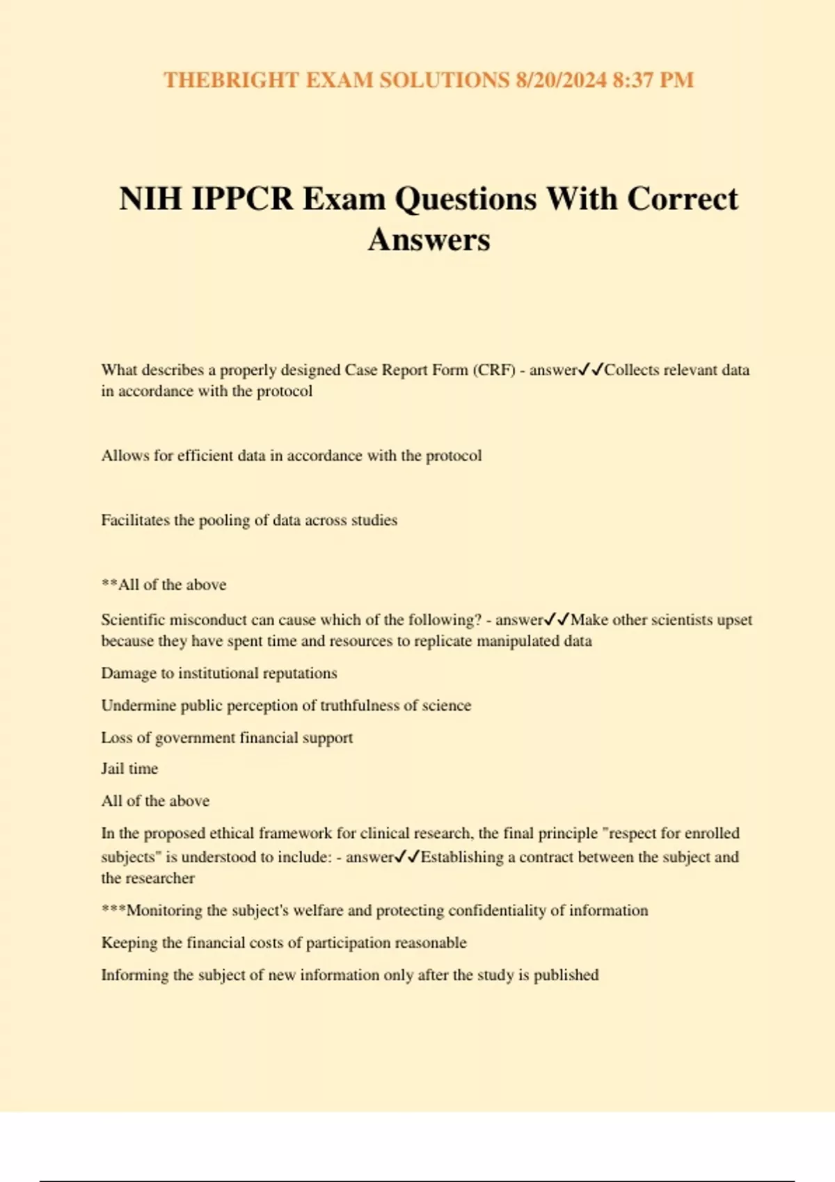 NIH IPPCR Exam Questions With Correct Answers - NIH IPPCR - Stuvia US