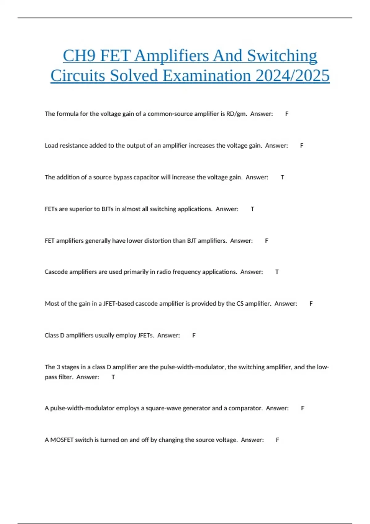 CH9 FET Amplifiers And Switching Circuits Solved Examination 2024/2025 ...