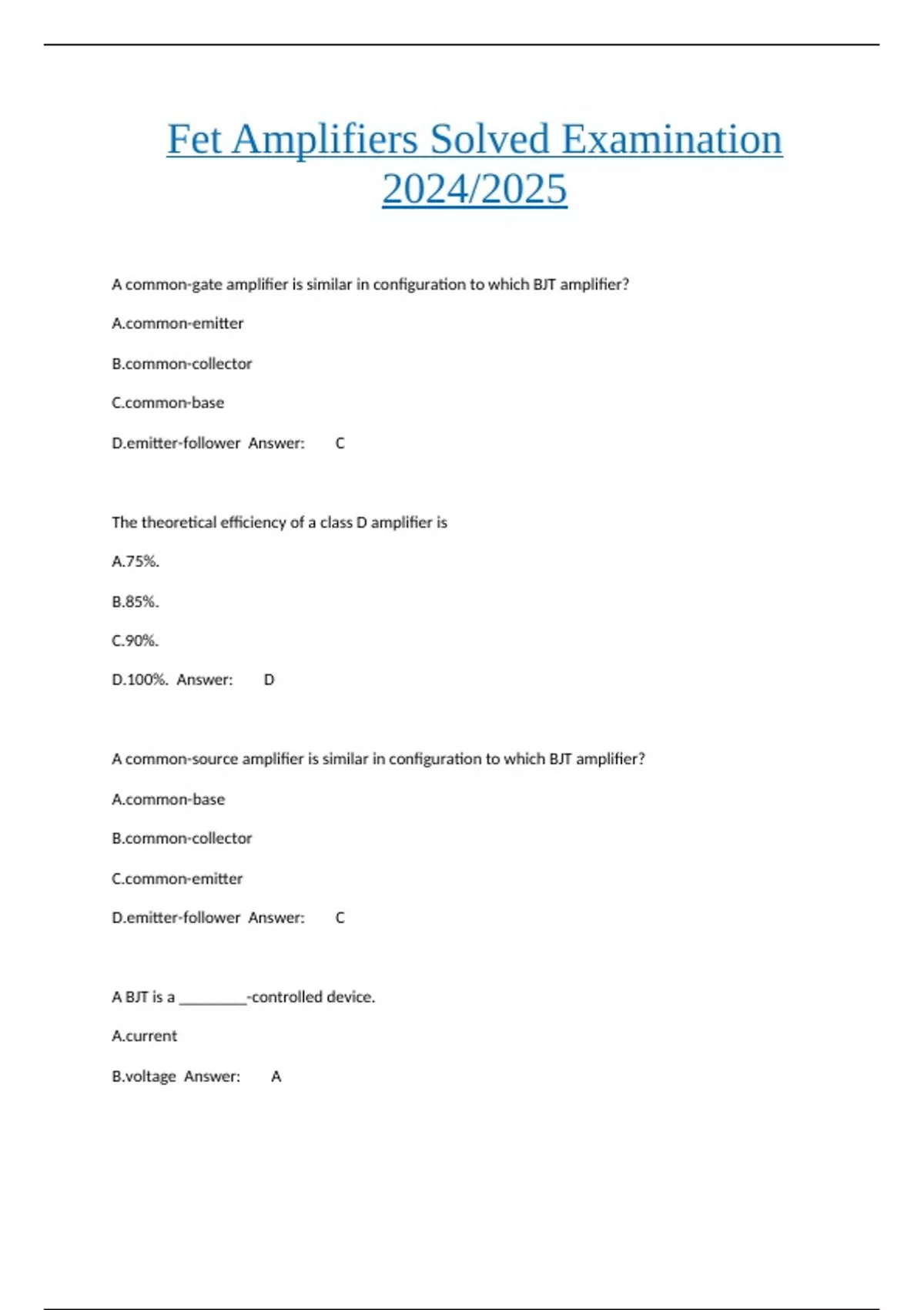 Fet Amplifiers Solved Examination 2024/2025 - Basic FET Amplifier ...