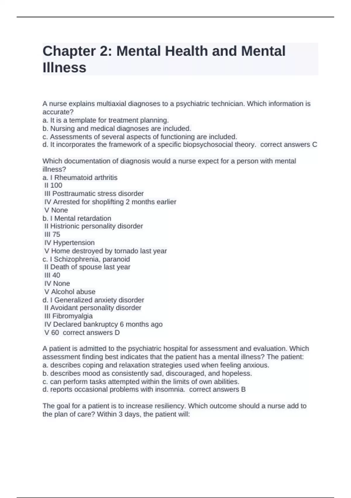 Chapter 2: Mental Health and Mental Illness exam with correct solutions ...