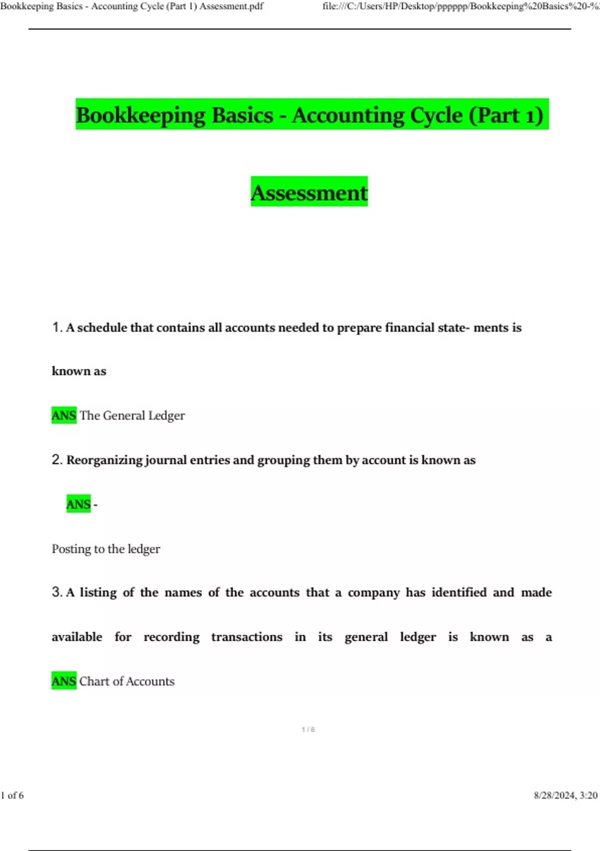 Bookkeeping Basics - Accounting Cycle (Part 1) Assessment (2024 / 2025 ...